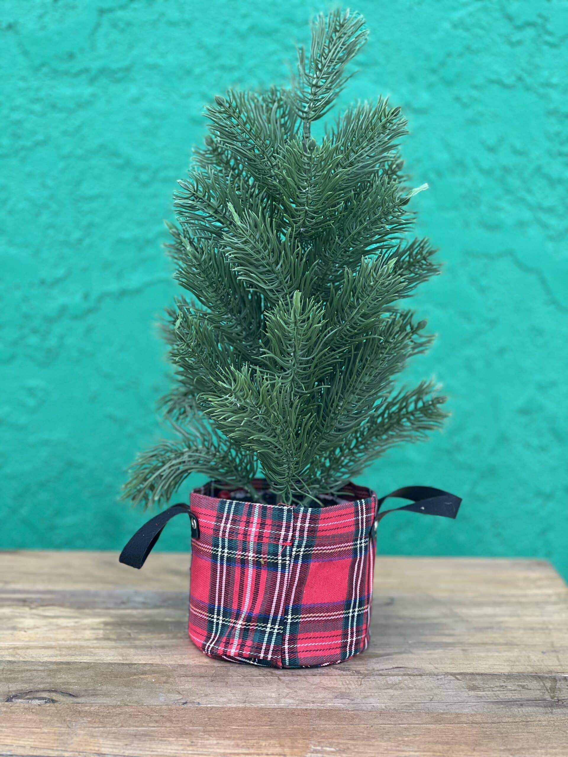 Artificial Pine Tabletop Trees in Red Plaid Covered Pot – Tin Lizzies