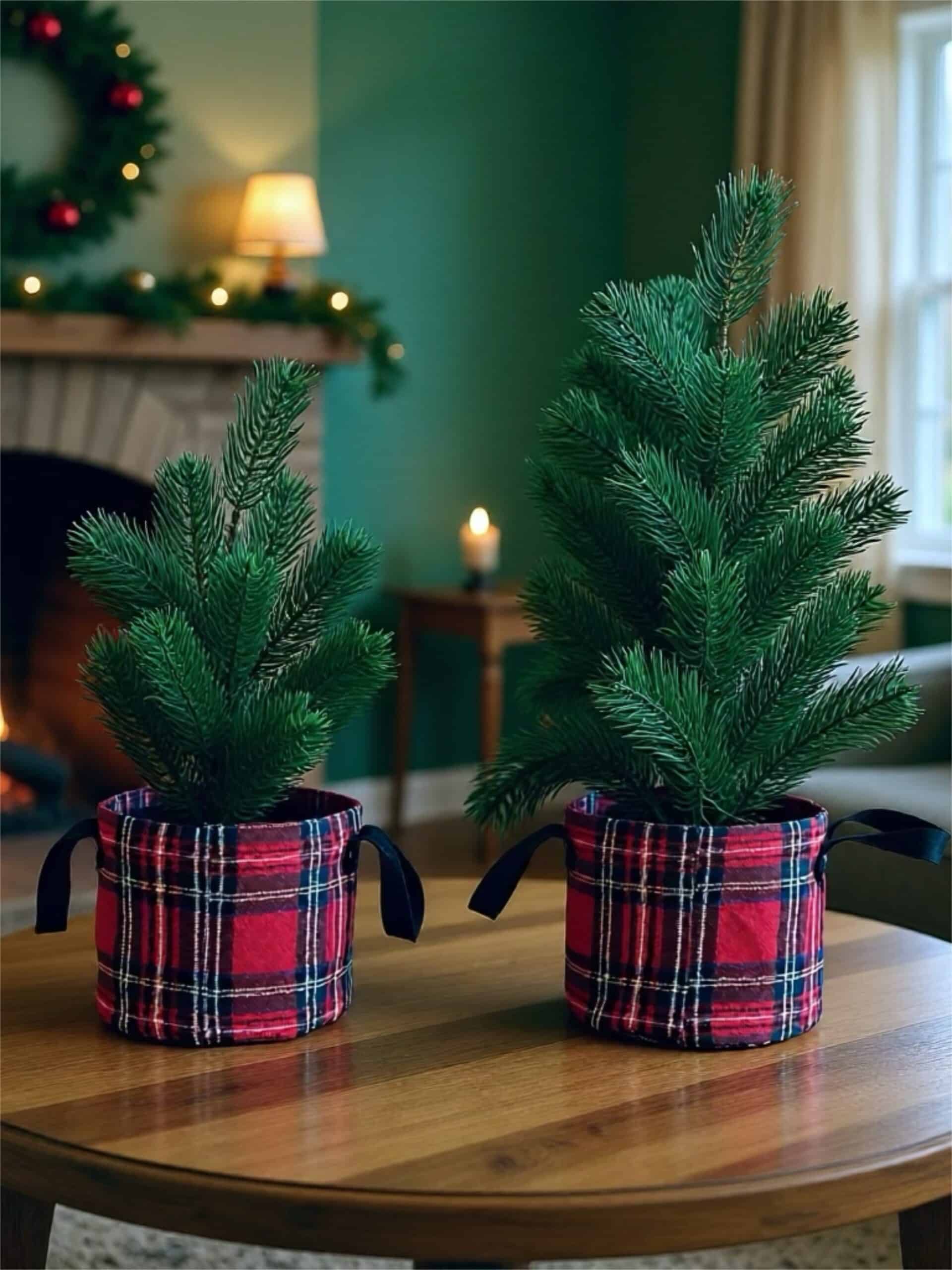 Artificial Pine Tabletop Trees in Red Plaid Covered Pot – Tin Lizzies